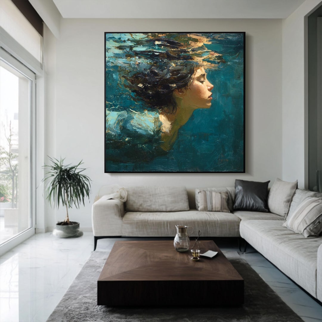 Diving Oil Painting Diving Wall Art Swimming Girl Painting Blue Green ...