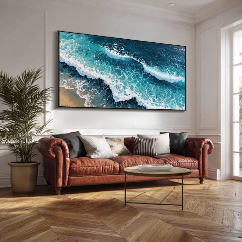Textured Ocean Wave Oil Painting: 3D Impasto Coastal Art, Blue Beige ...