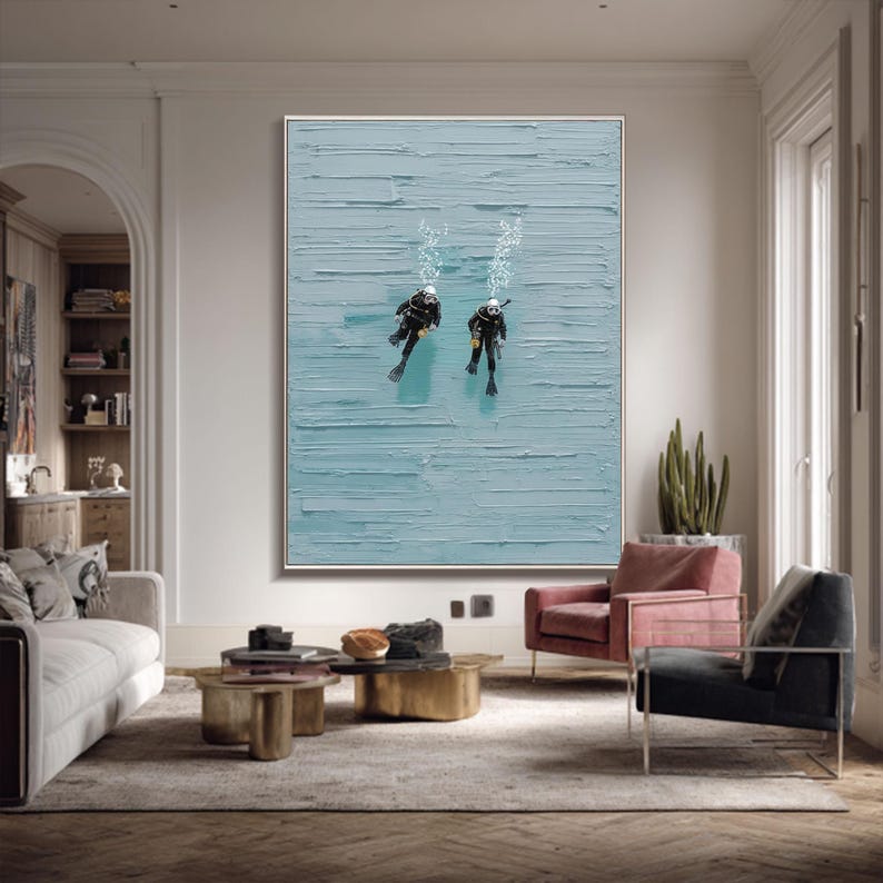 Handmade Diving Oil Painting, Blue Abstract Seascape Wall Art - Etsy