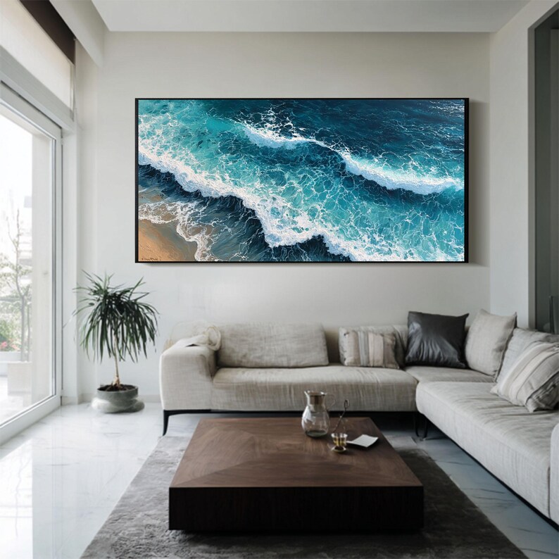 Textured Ocean Wave Oil Painting: 3D Impasto Coastal Art, Blue Beige ...