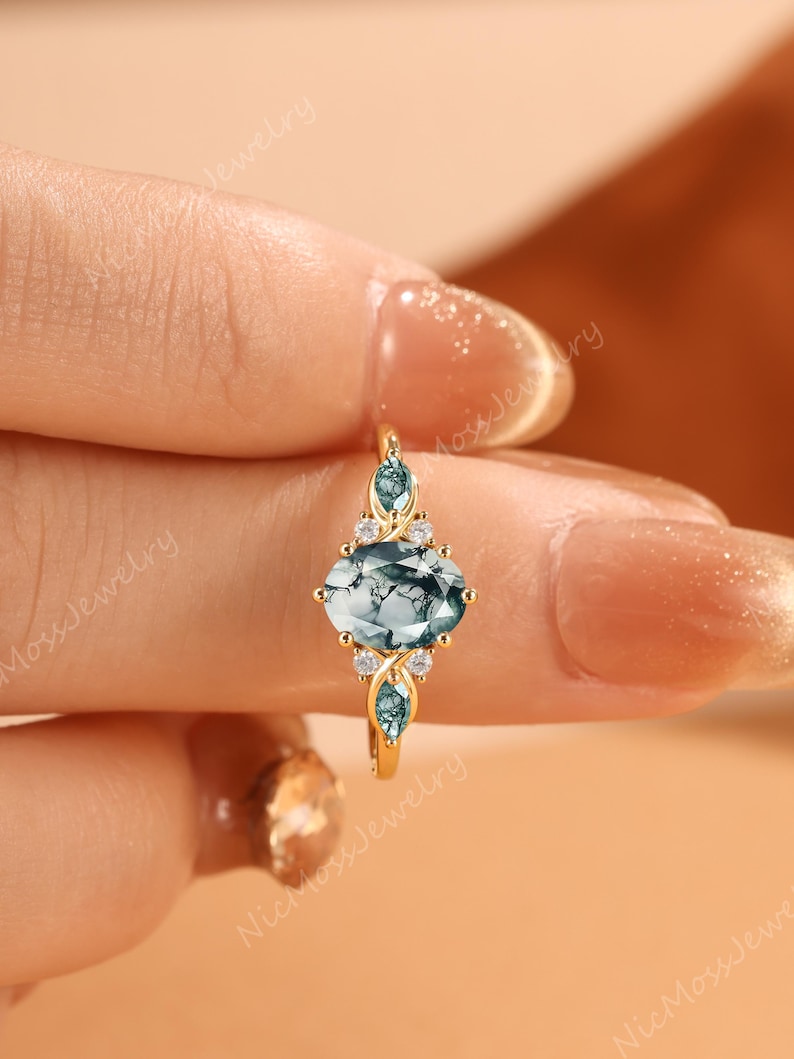 Handmade Oval Cut Moss Agate Engagement Ring Natural Green Agare ...