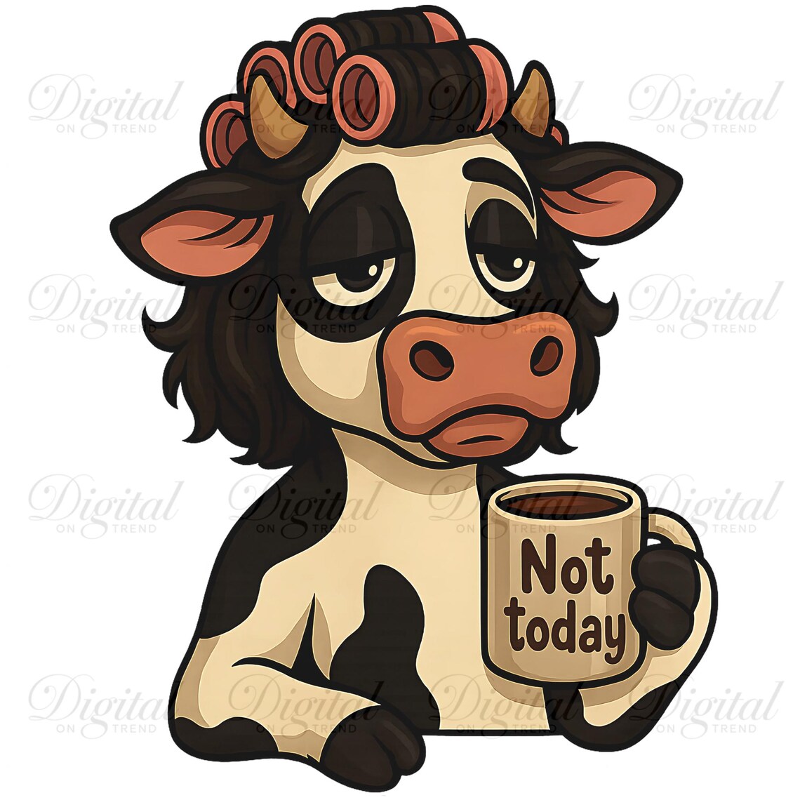 Grumpy Cow PNG, Cute Sleepy Cartoon Cow With Pink Curlers and Coffee ...
