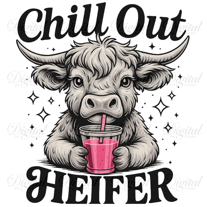 Highland Cow PNG Digital Art With Shaggy Fur and Cup, Chill Out Heifer ...