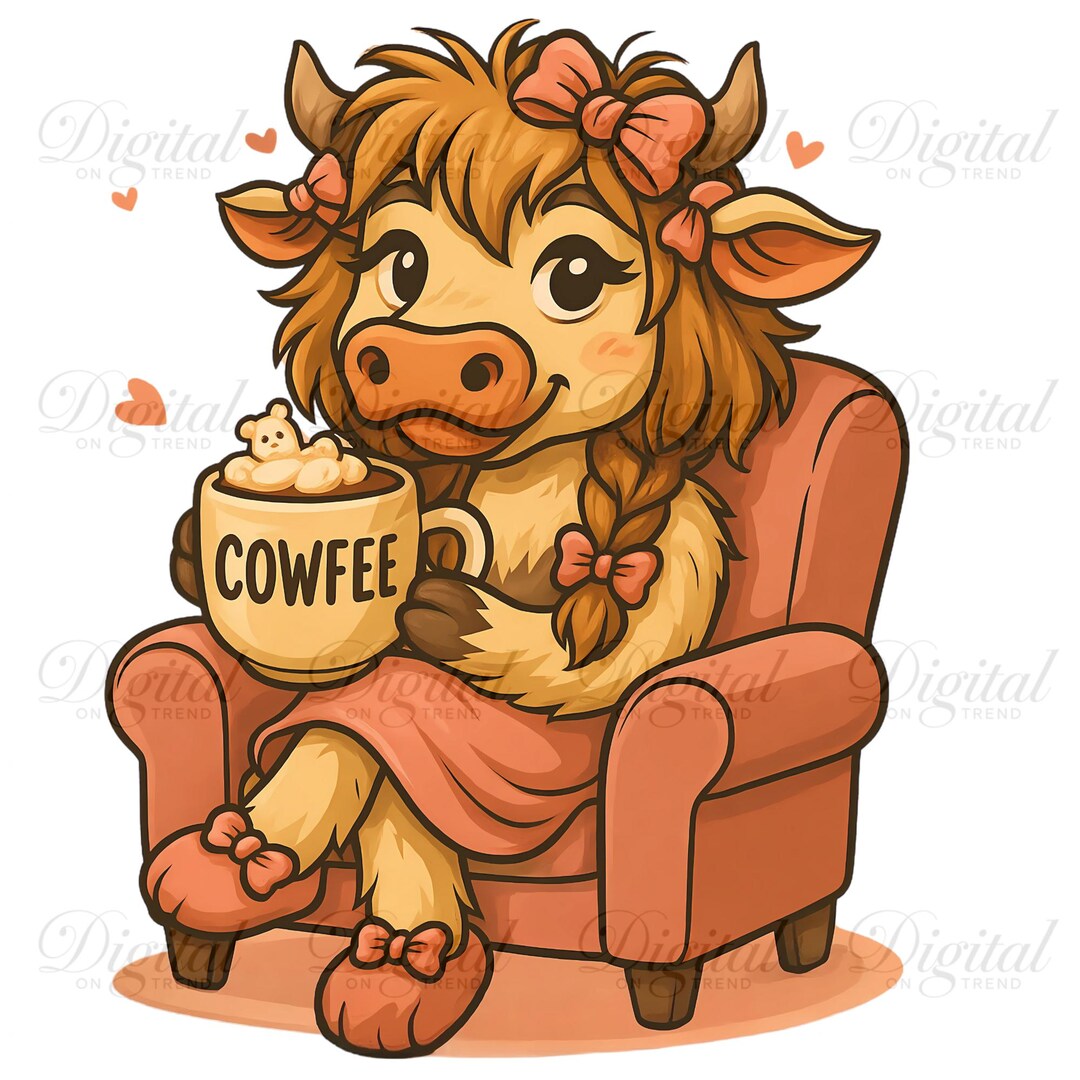 Cozy Cow PNG Cute Brown Furry Cow Holding COWFEE Mug, Relaxing Art ...