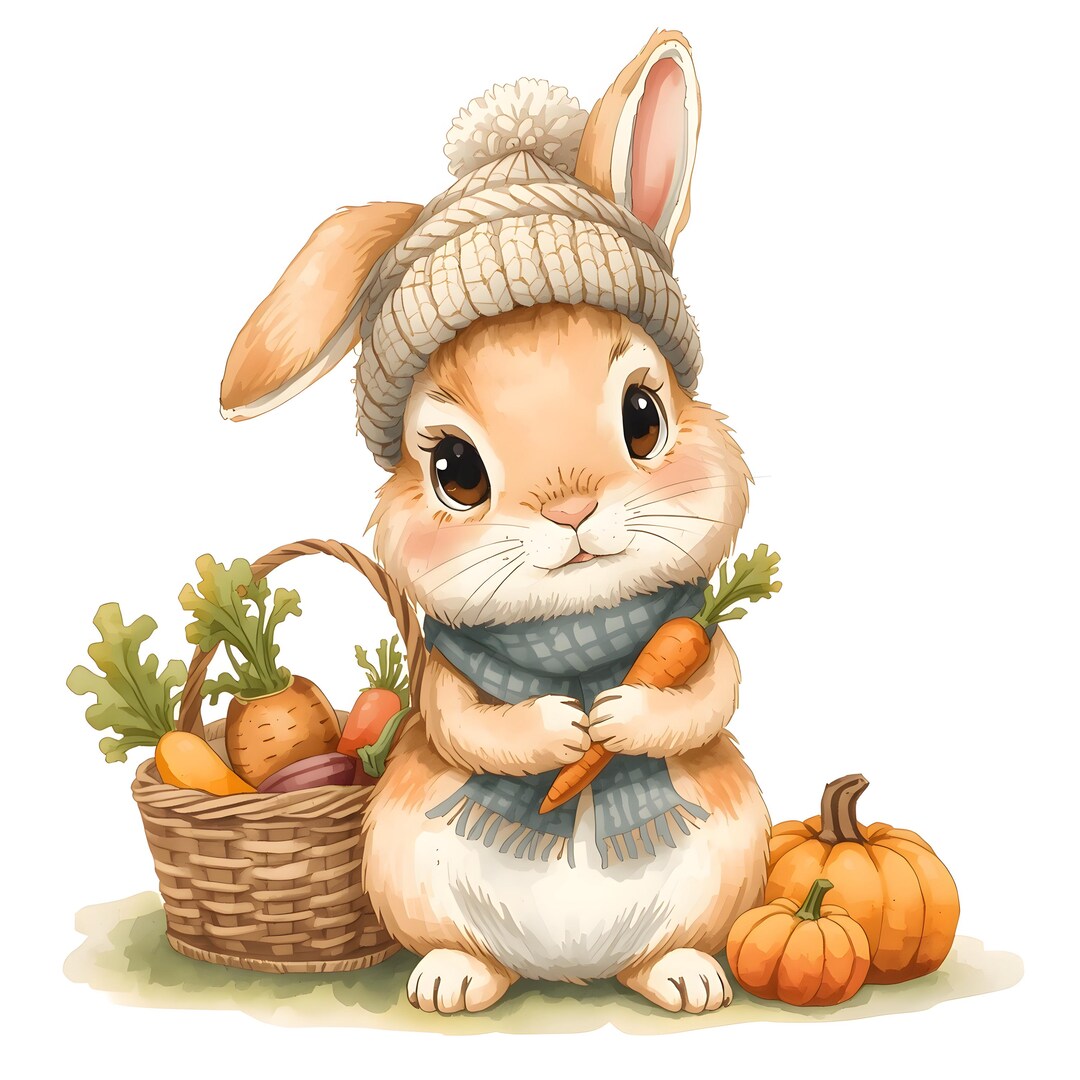 Thanksgiving Bunny Watercolor Clipart: Fall Harvest (PNG JPG Digital ...