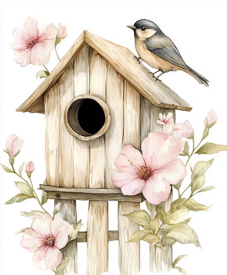 Watercolor Birdhouse Clipart, Floral Spring Birds, Cottage Garden PNG ...