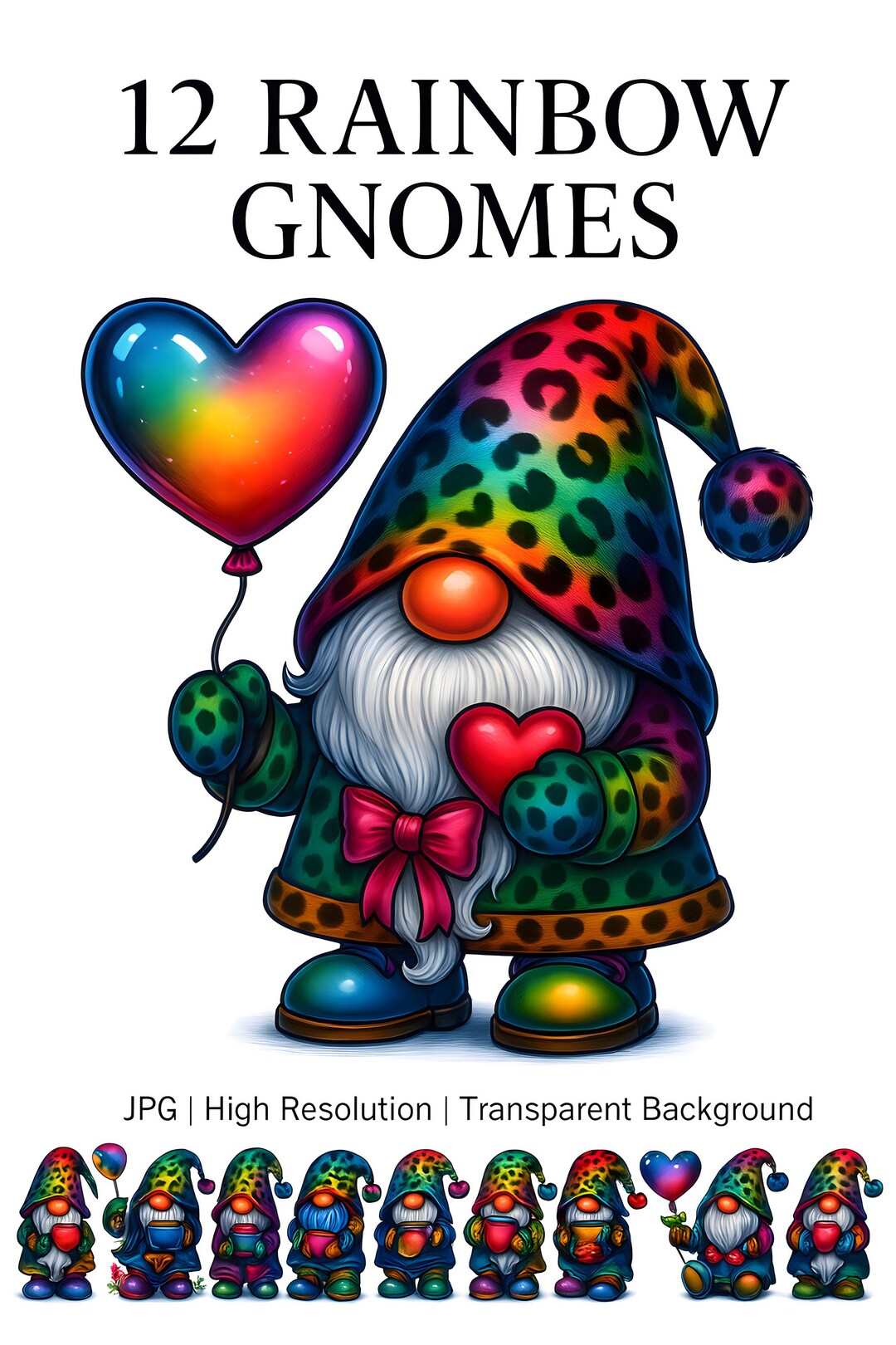 12 Rainbow Gnome Clipart JPG Bundle | Cute Colorful Gnomes for ...