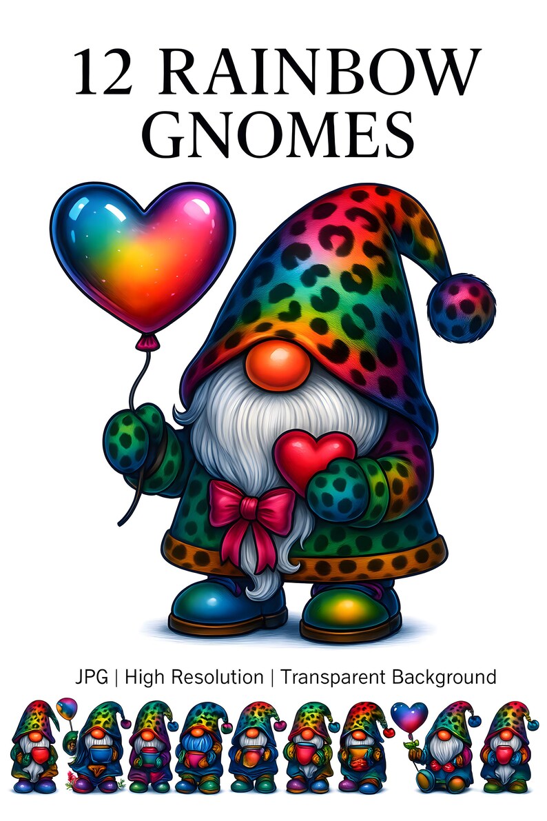 12 Rainbow Gnome Clipart JPG Bundle | Cute Colorful Gnomes for ...