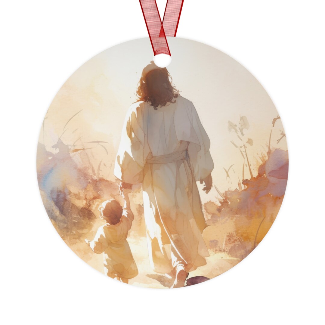 Jesus Guiding a Child in Faith Metal Ornament - Religious Holiday ...