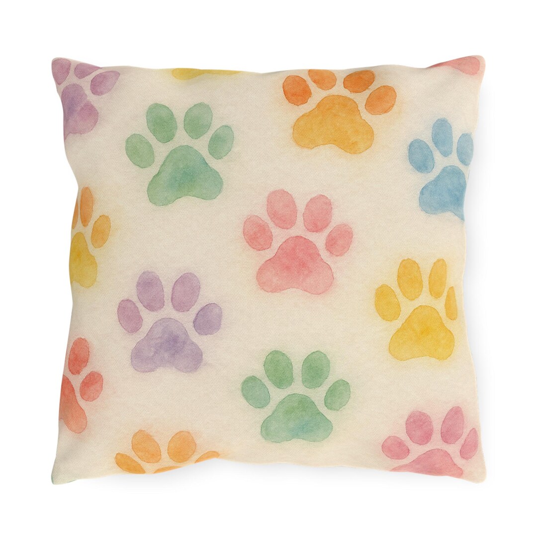 Colorful Paw Print Outdoor Pillows, Dog Lover Decor, Patio Cushion, Pet ...