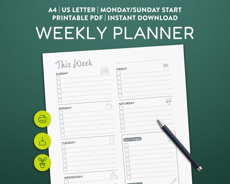 Weekly Planner PDF | A4 & US Letter | Monday + Sunday Start | Printable ...