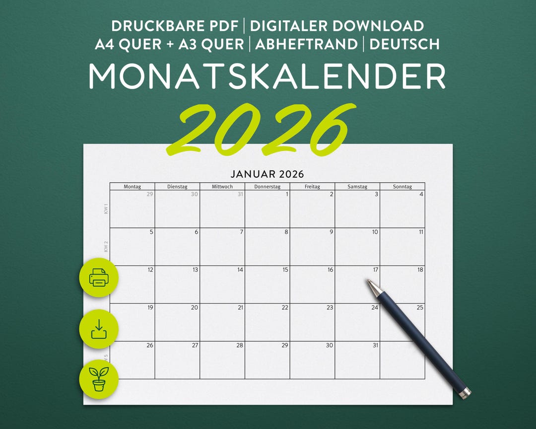 Buy Kalender 2026 Zum Ausdrucken | PDF | A4 & A3 Querformat | Deutsch ...