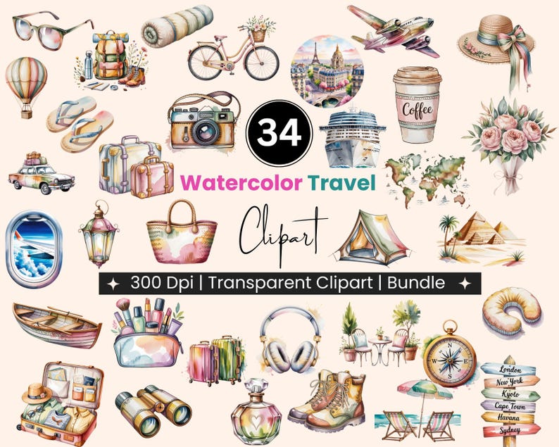 Watercolor Travel Clipart Bundle | Vacation and Adventure PNG ...
