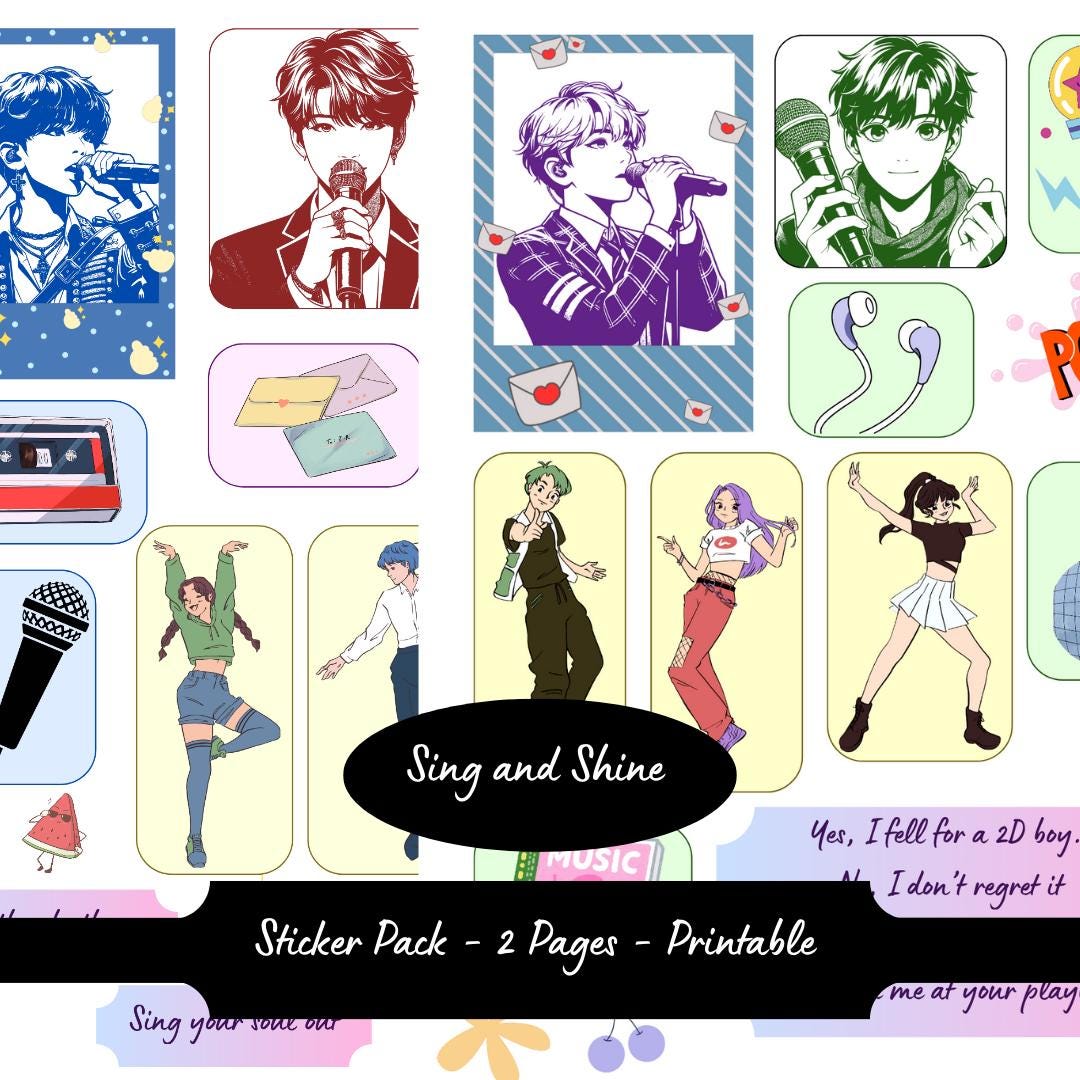 Sing and Shine Sticker Pack. 2 Printable Pages. K-pop Inspired Stickers ...
