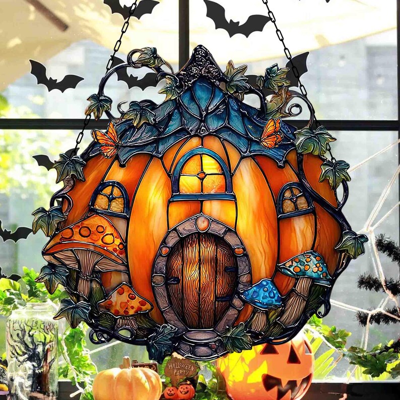 Halloween Pumpkin Cottage Window Hanging, Faux Stained Glass Suncatcher ...