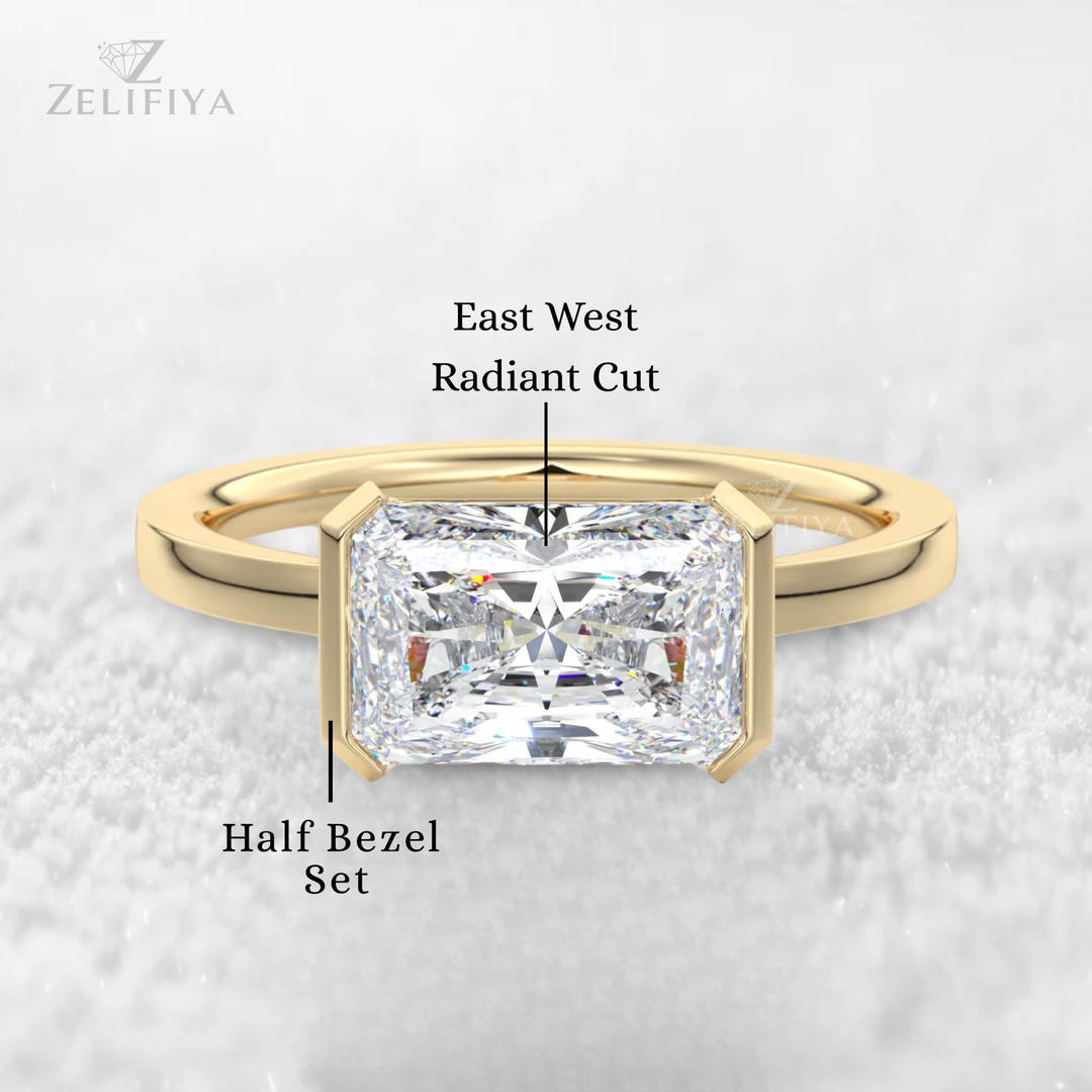East West Radiant Cut Moissanite Ring, Half Bezel Set 2 Carat Radiant ...