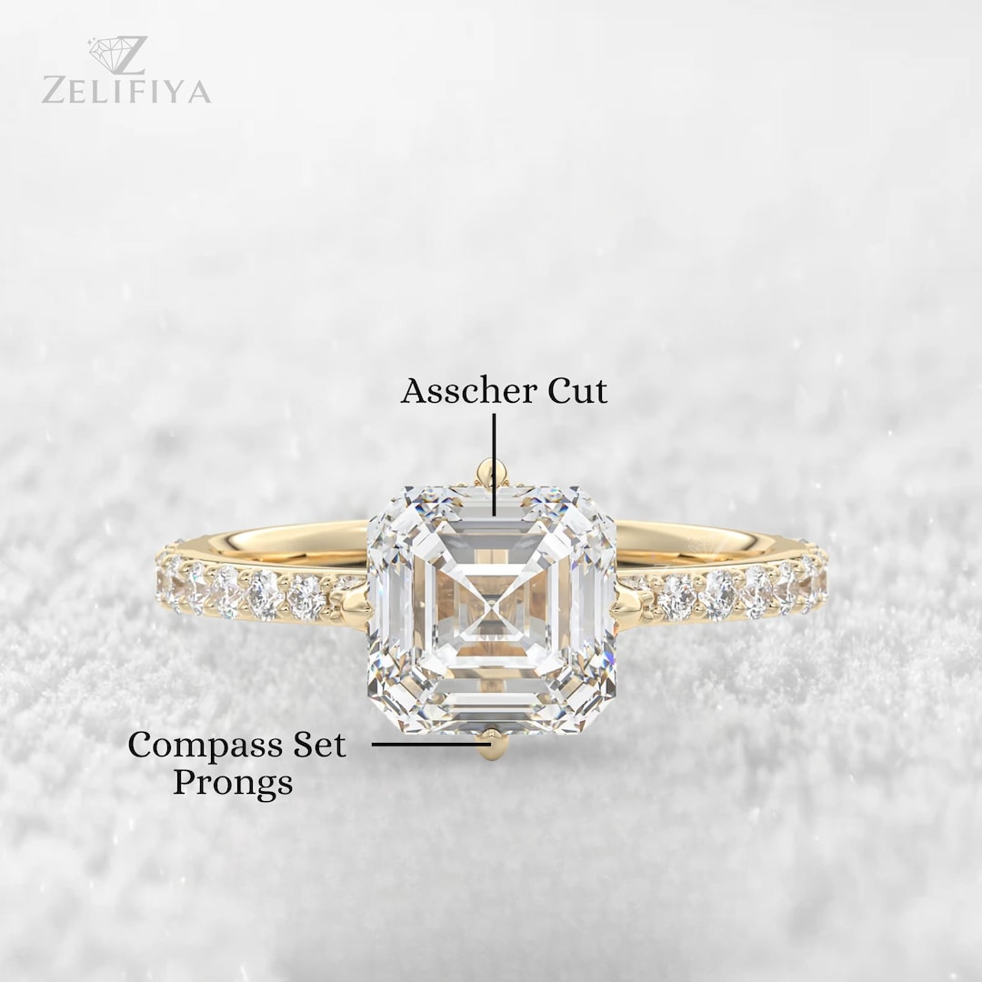 Compass Setting Asscher Cut Moissanite Engagement Ring Pave Set 10K ...