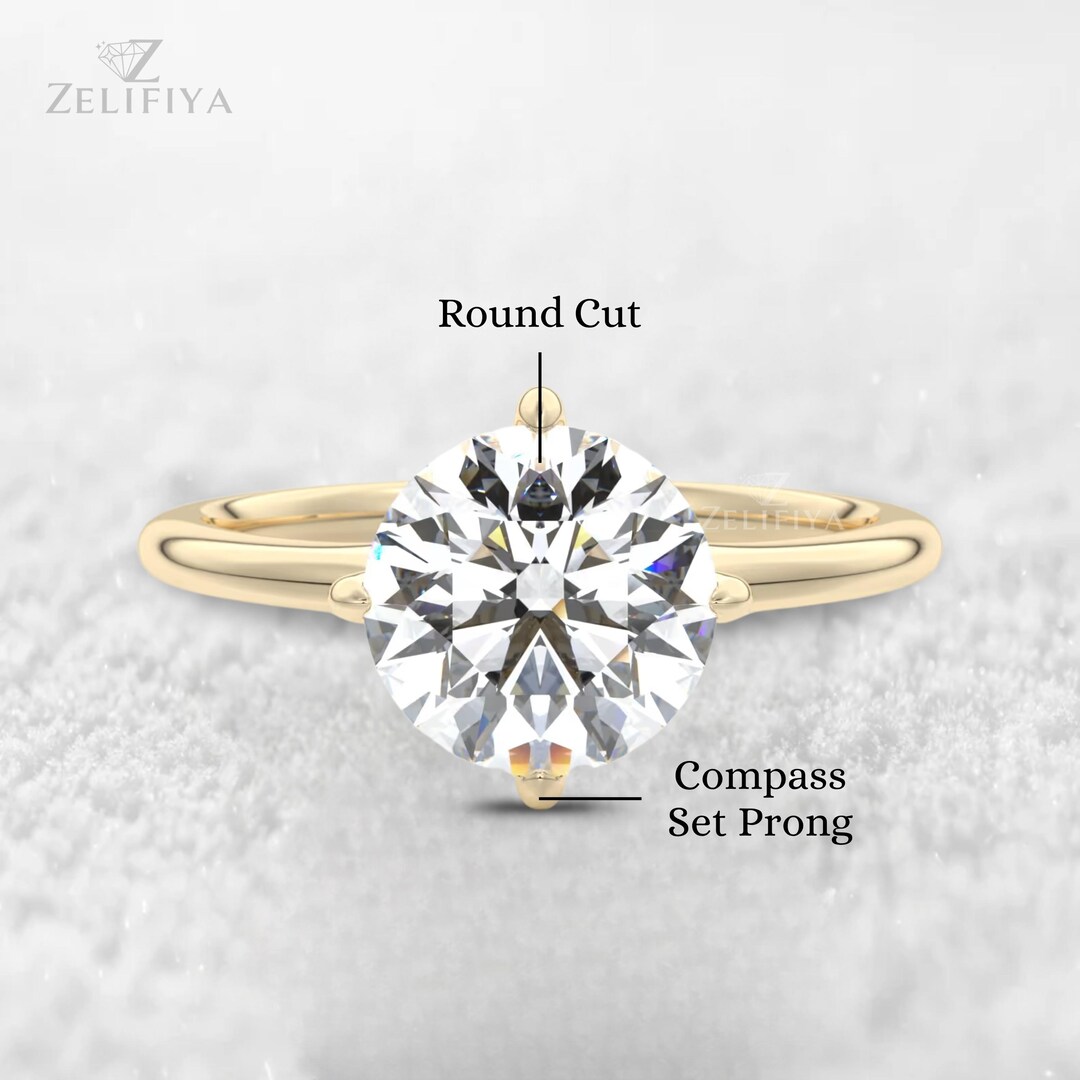 Minimalist Round Cut Moissanite Engagement Ring Compass Set Prongs ...