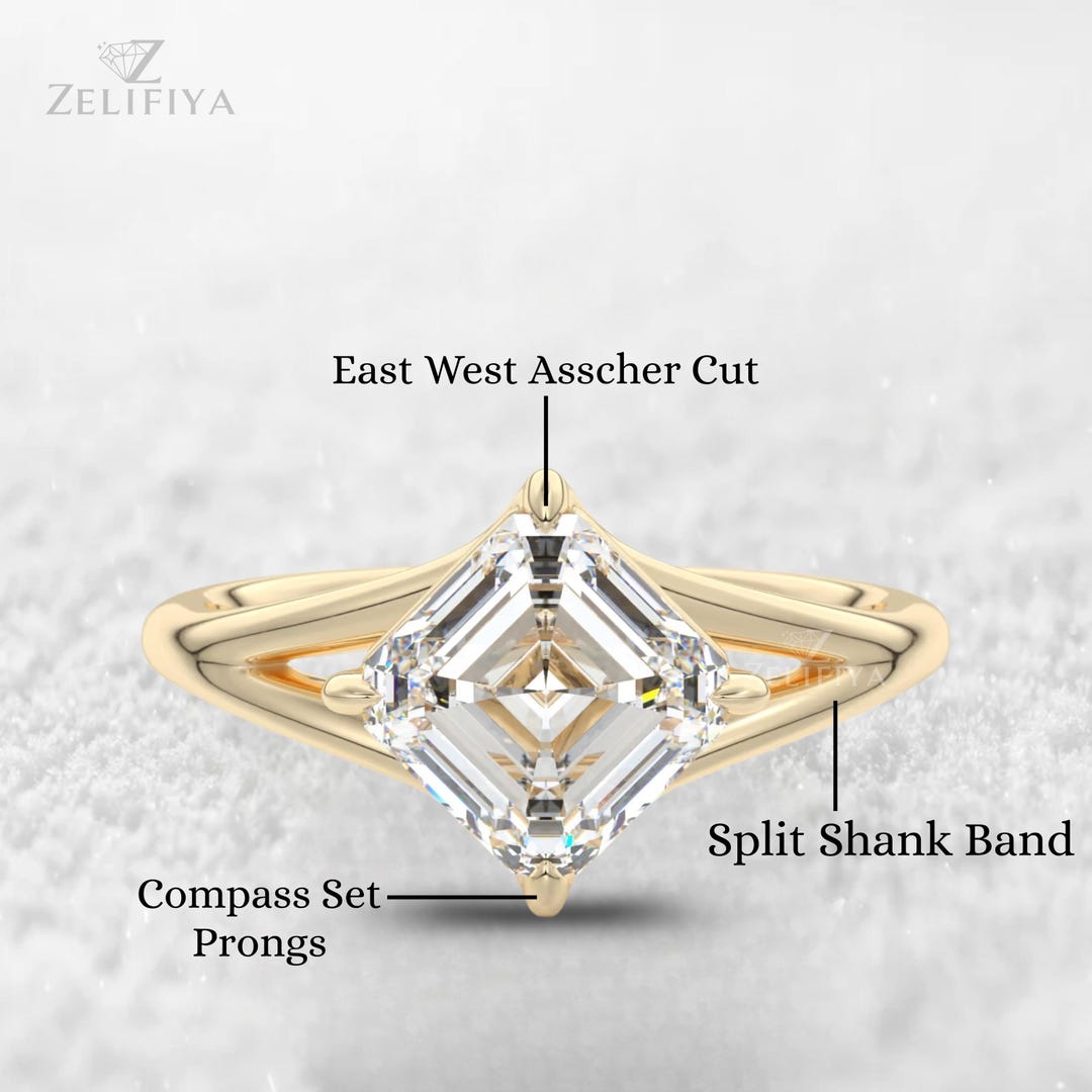 East West Asscher Cut Moissanite Engagement Ring | Split Shank 14K Gold ...