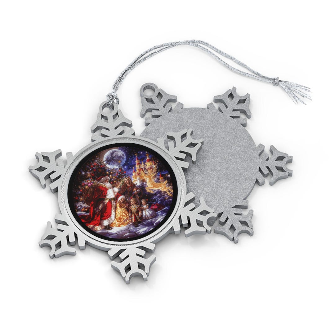 Santa and Reindeer Snowflake Pewter Christmas Ornament, Vintage Santa ...