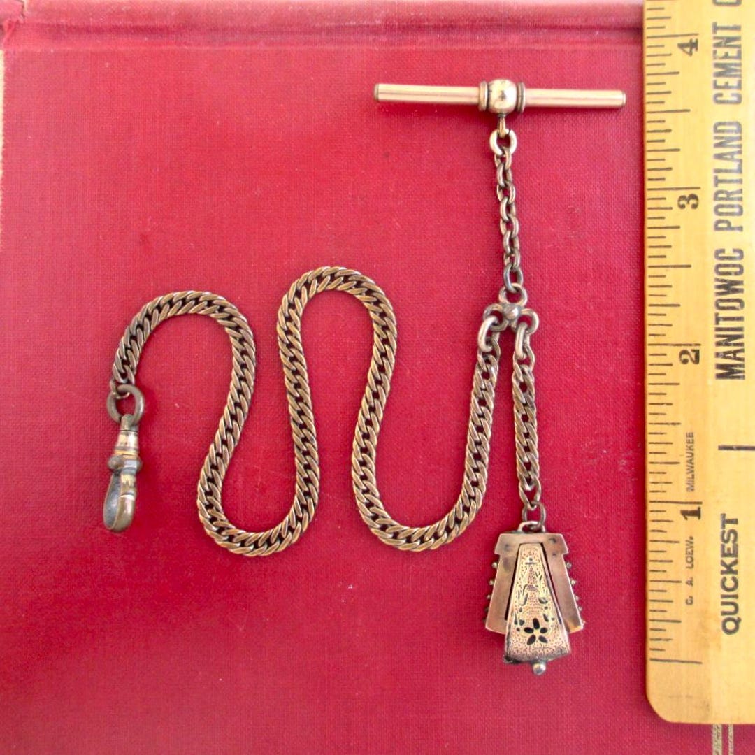 Antique Gold Filled Pocket Watch Chain W/ Fob & T Bar - Vintage, Ornate ...