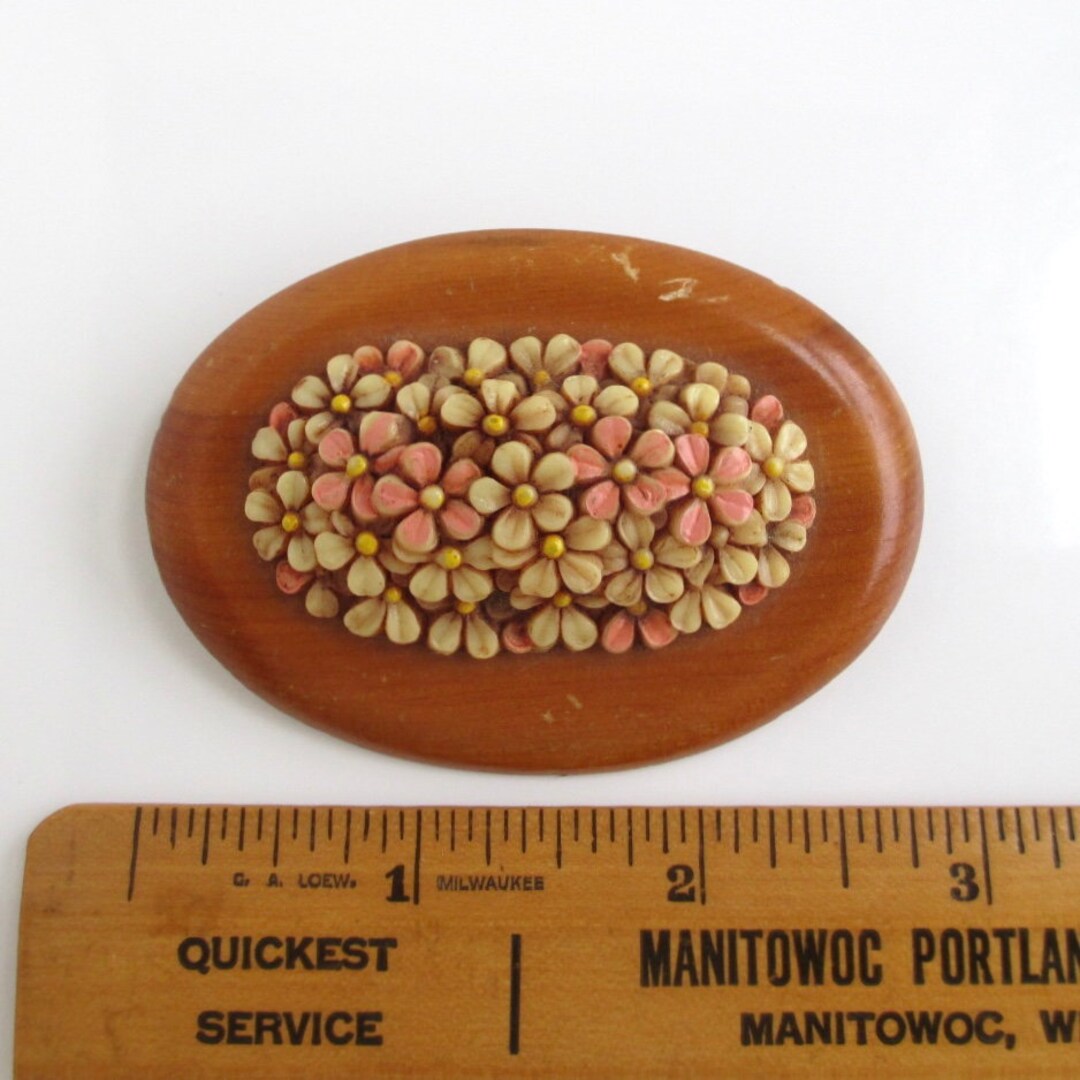 Celluloid & Wood Brooch / Pin - Vintage, Raised Flower Design - 2 3/4 ...