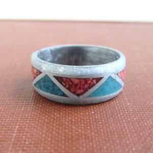 Red & Blue Stone Inlay Band Ring - Vintage Southwest Dark Silver Tone ...