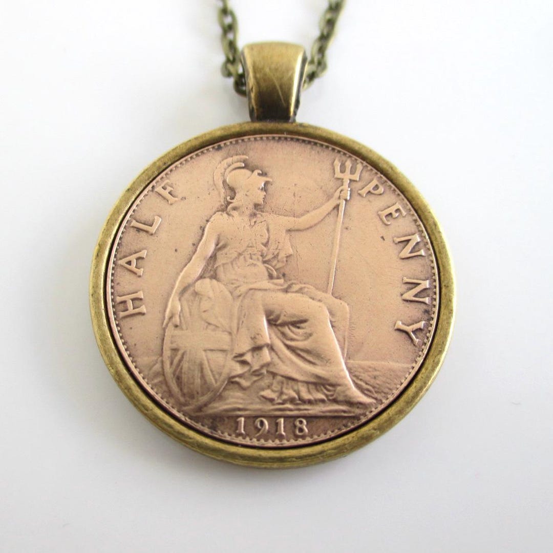 Great Britain Half Penny Coin Necklace - Repurposed Antique 1918 UK ...