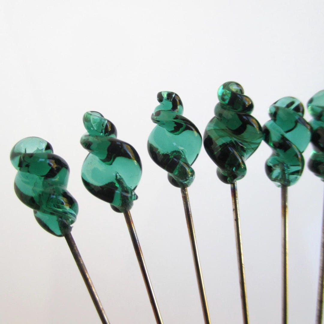 9 Vintage Green Glass Stick Pins - Nice Swirl Shape (a Few With Chips ...