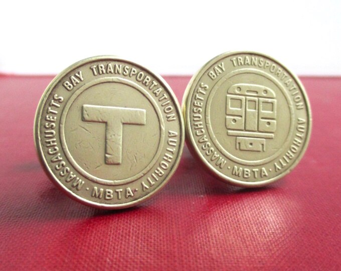 BOSTON T Token Cuff Links Repurposed Vintage Gold Tone MBTA Coins front ...