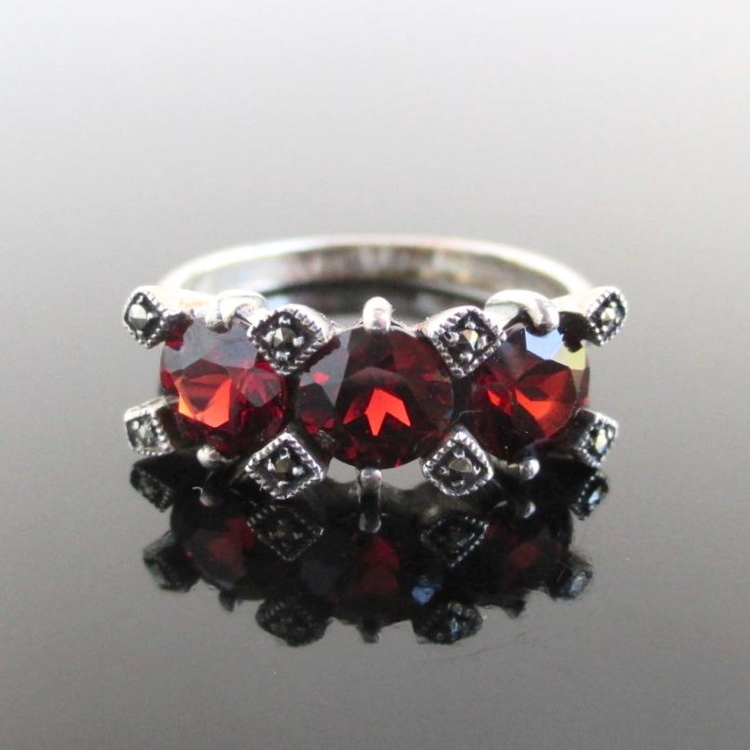 Sterling Silver & Red / Burgundy Stone Ring Vintage, Size 9 unpolished ...