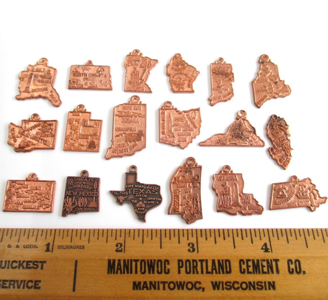 18 Solid Copper State Souvenir Travel Charms - Vintage Lot, All ...