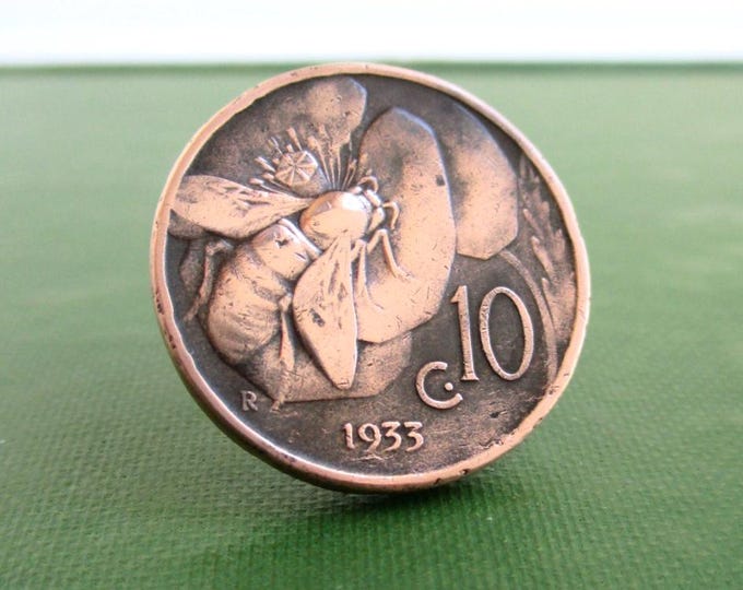 Bee & Flower Coin Tie Tack / Lapel Pin Repurposed Vintage 1930's Italia ...