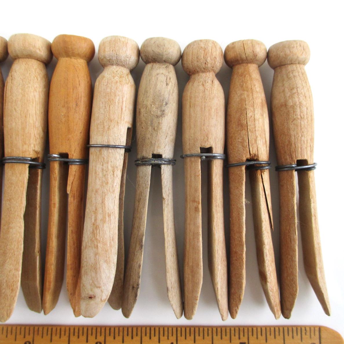 10 Round Wooden Clothes Pins W/ Metal Wire Bands - Vintage, 3 3/4 ...
