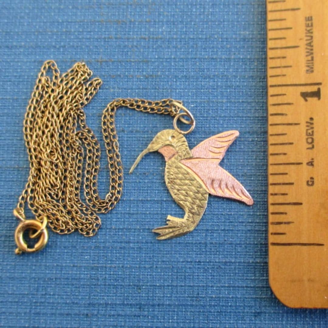 10K Solid Gold Hummingbird Pendant Necklace (19 1/2" 12K Gold Filled Chain) - Vintage C.CO Black ...