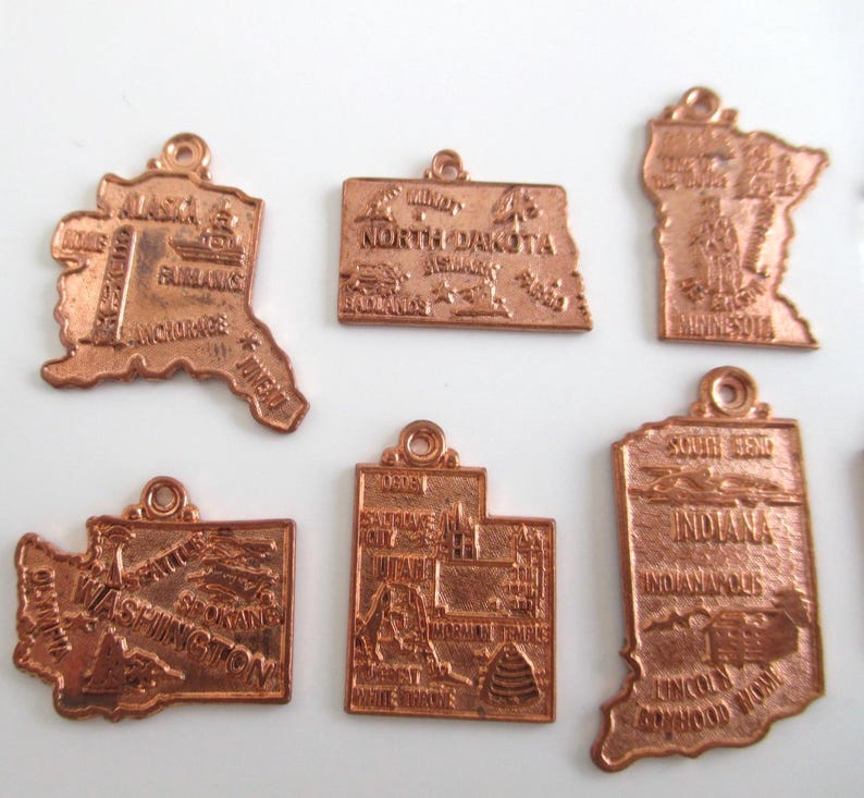 18 Solid Copper State Souvenir Travel Charms - Vintage Lot, All ...