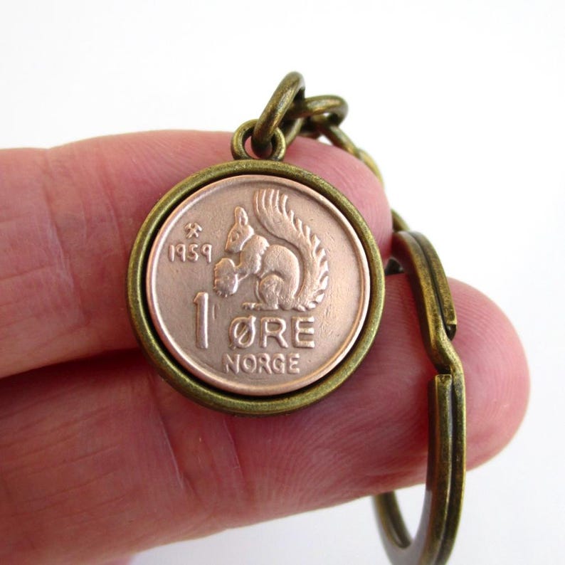 NORWAY Coin Key Chain - Repurposed Vintage Norge Squirrel Coin Keychain ...