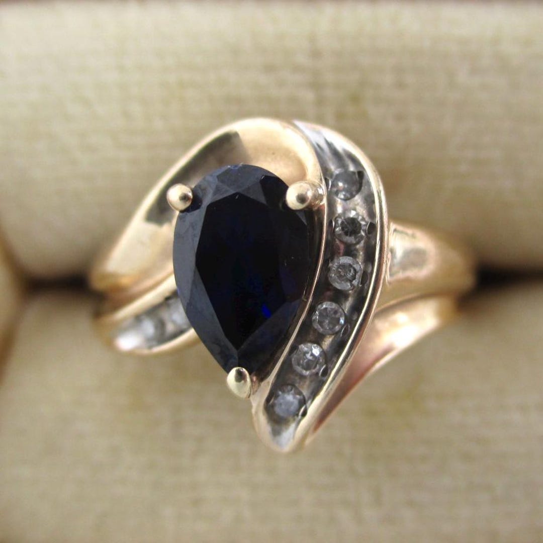 10K Solid Gold Ring With Blue Tear Drop & Colorless Stones - Vintage ...