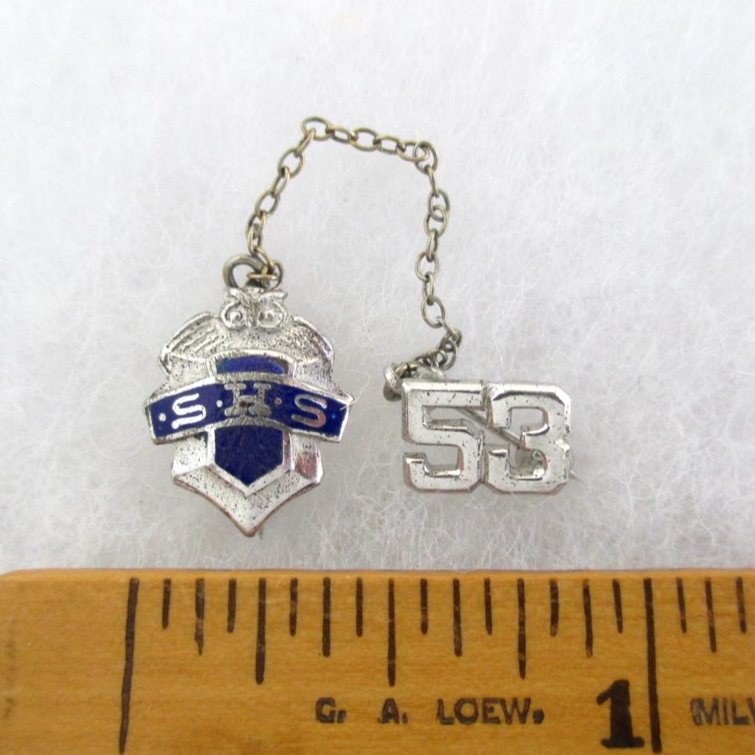 1953 Sterling Silver Lapel Pin W/ Chain - Vintage SHS School Pin, Blue ...