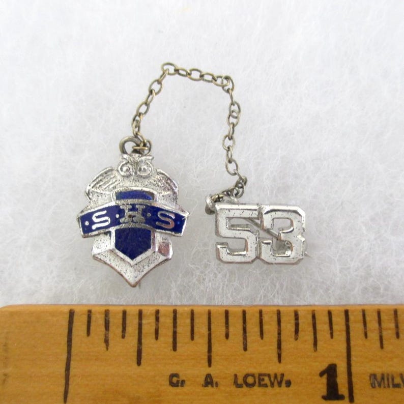 1953 Sterling Silver Lapel Pin W/ Chain - Vintage SHS School Pin, Blue ...