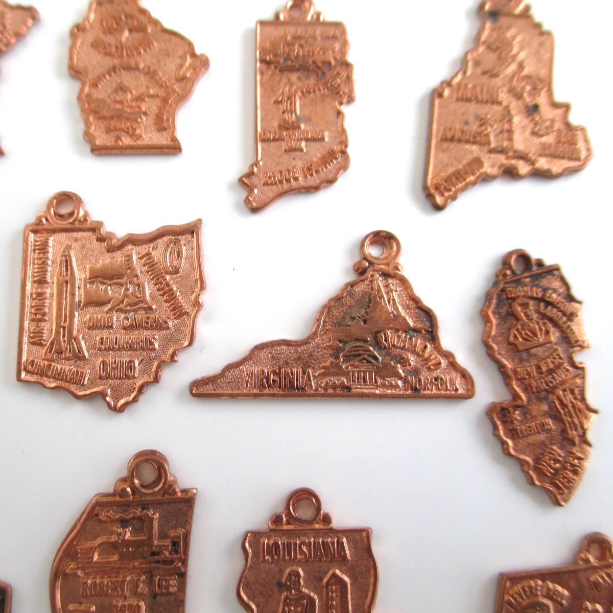 18 Solid Copper State Souvenir Travel Charms - Vintage Lot, All ...