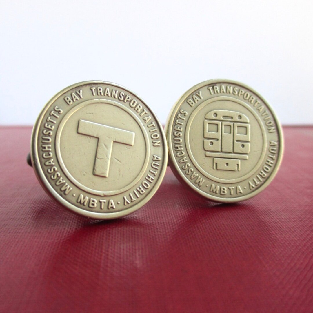 BOSTON T Token Cuff Links Repurposed Vintage Gold Tone MBTA Coins front ...