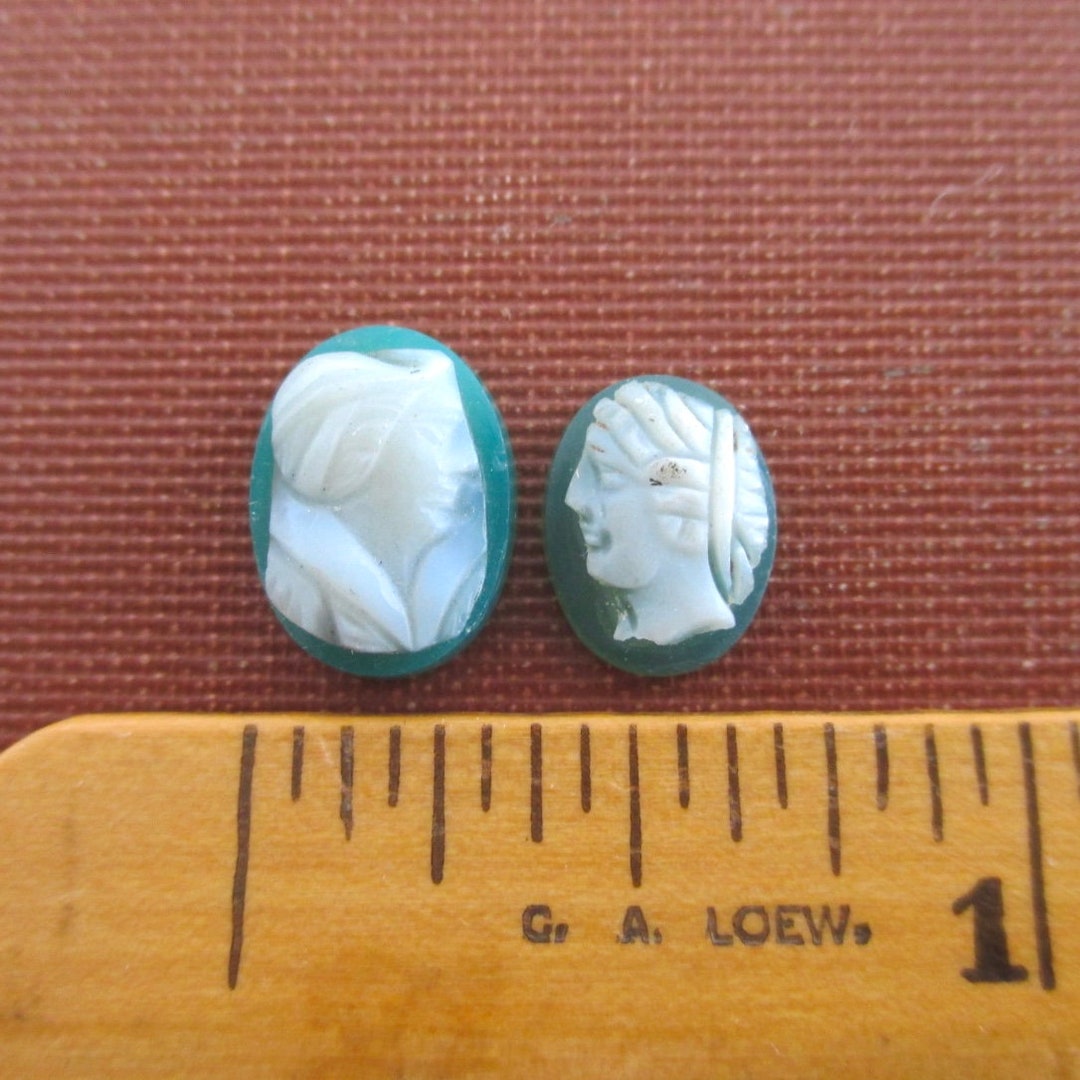 2 Tiny Hand Carved Cameos - Vintage / Antique Loose Oval, Unusual Blue ...