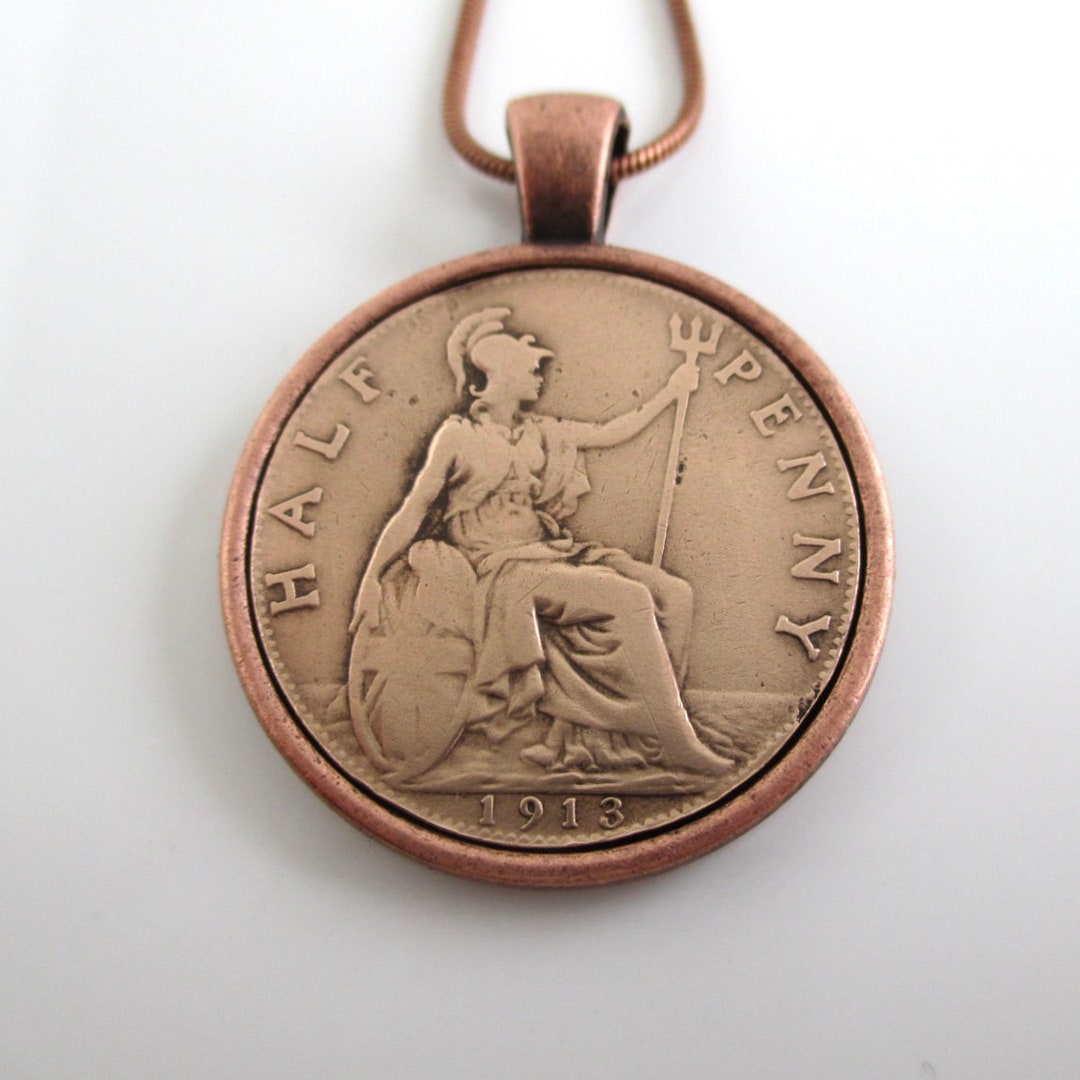 Great Britain Half Penny Coin Necklace - Repurposed Antique 1913 UK ...