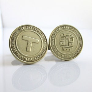 BOSTON T Token Cuff Links Repurposed Vintage Gold Tone MBTA Coins front ...