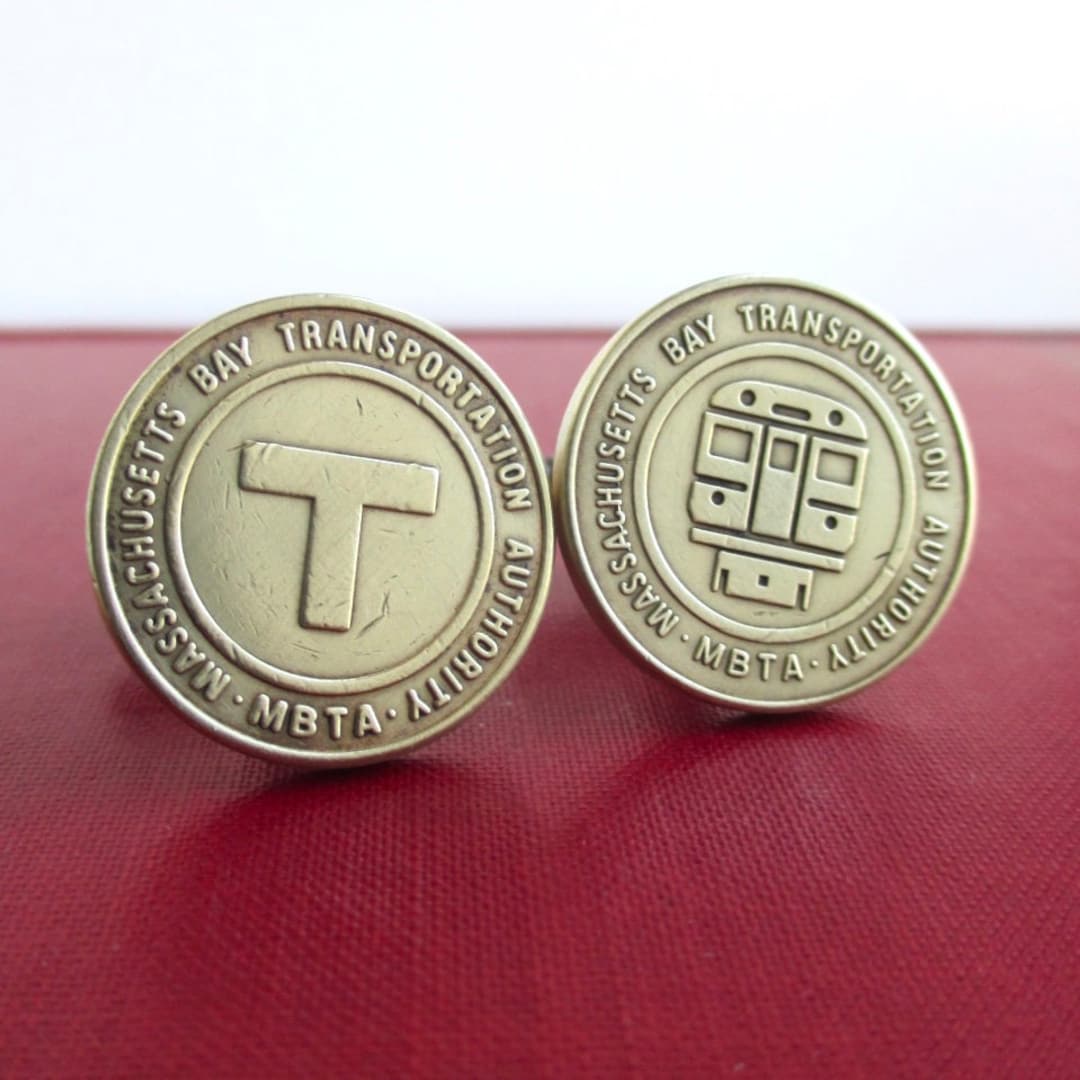 BOSTON T Token Cuff Links Repurposed Vintage Gold Tone MBTA Coins front ...