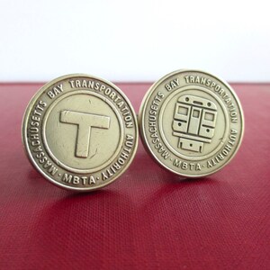 BOSTON T Token Cuff Links Repurposed Vintage Gold Tone MBTA Coins front ...