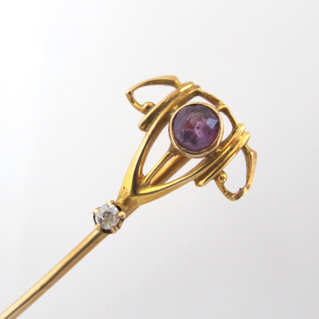 14K Solid Gold Stick Pin W/ Purple & Colorless Stones - Vintage ...