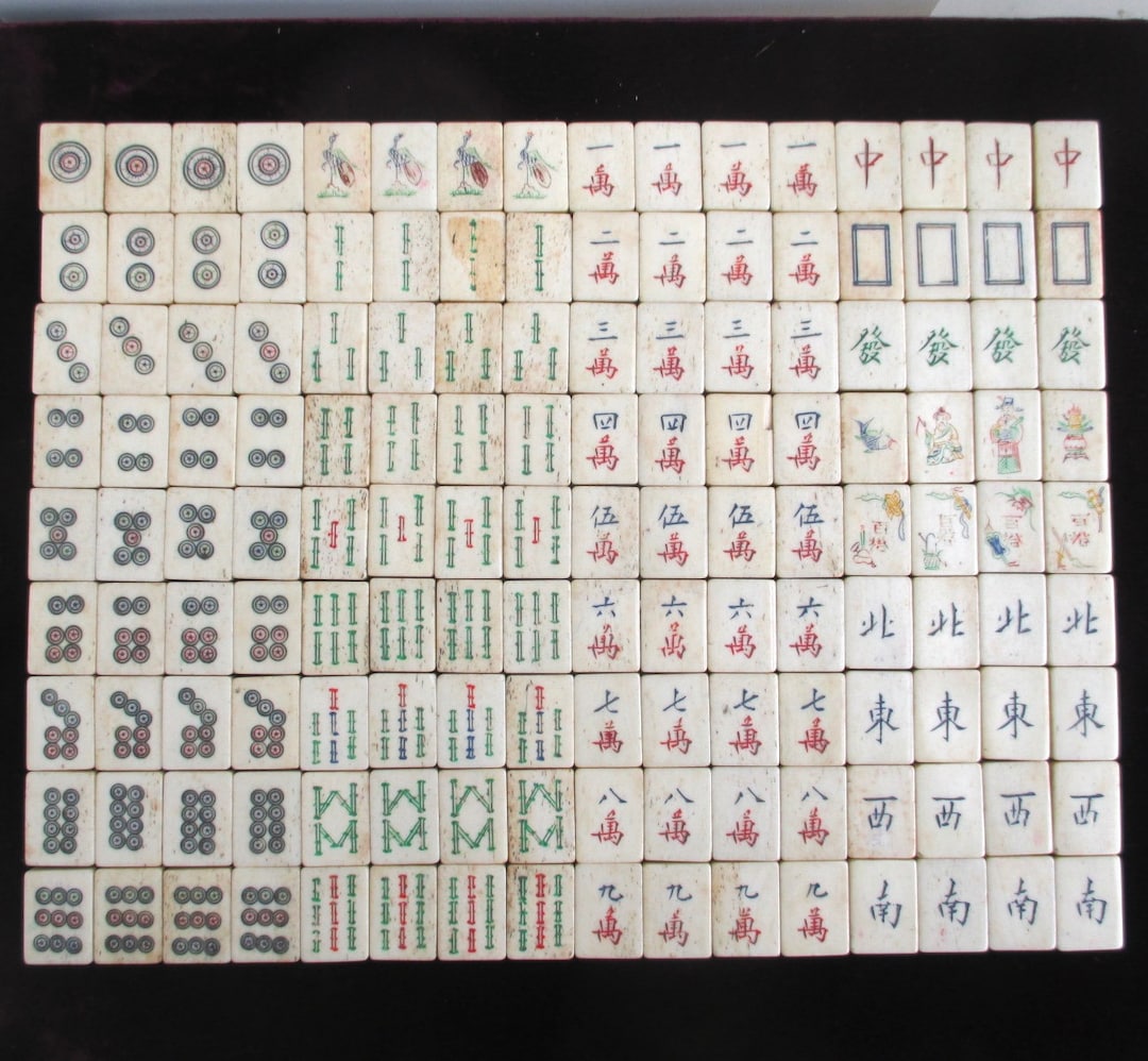 144 Mah Jong Tile Set Vintage / Antique Bone & Bamboo Ma Jiang / Mahjong Pieces With Dove Tail ...
