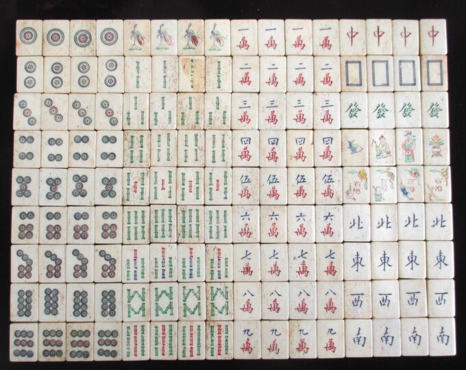 144 Mah Jong Tile Set - Vintage / Antique Bone & Bamboo Ma Jiang ...